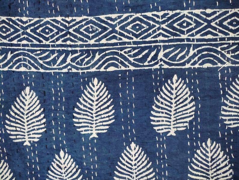 Blue Indigo Leaf Print Kantha Quilt: Hand-stitched Indian Bedspread - Etsy