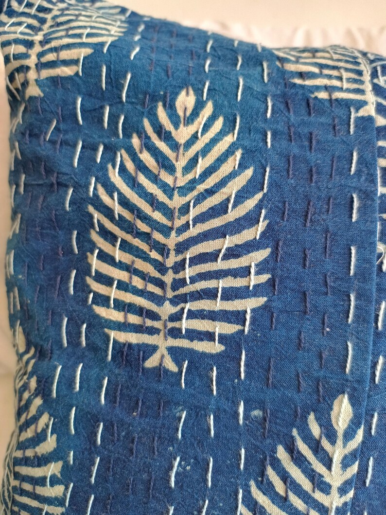 Blue Indigo Leaf Print Kantha Quilt: Hand-stitched Indian Bedspread - Etsy