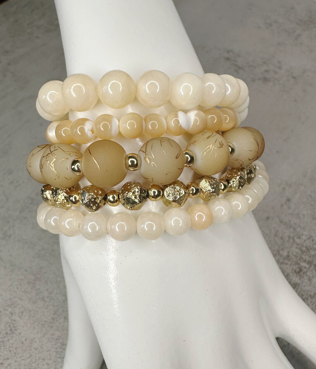 Stackable Neutral Natural Colors & Gold Beaded Bracelets, Set of 5 ...
