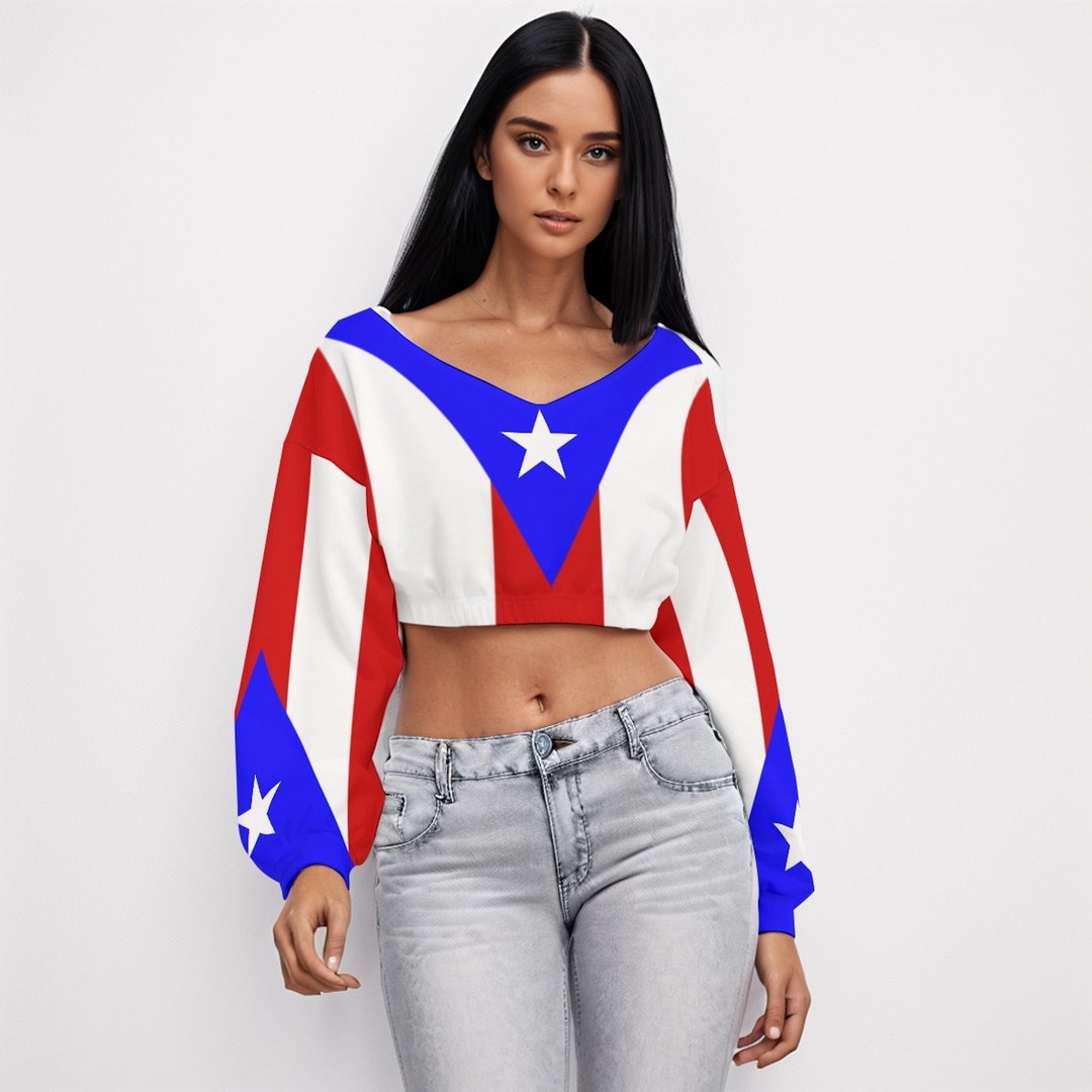 Puerto Rico Flag Crop Top: Long Sleeve V-neck Pride Shirt - Etsy