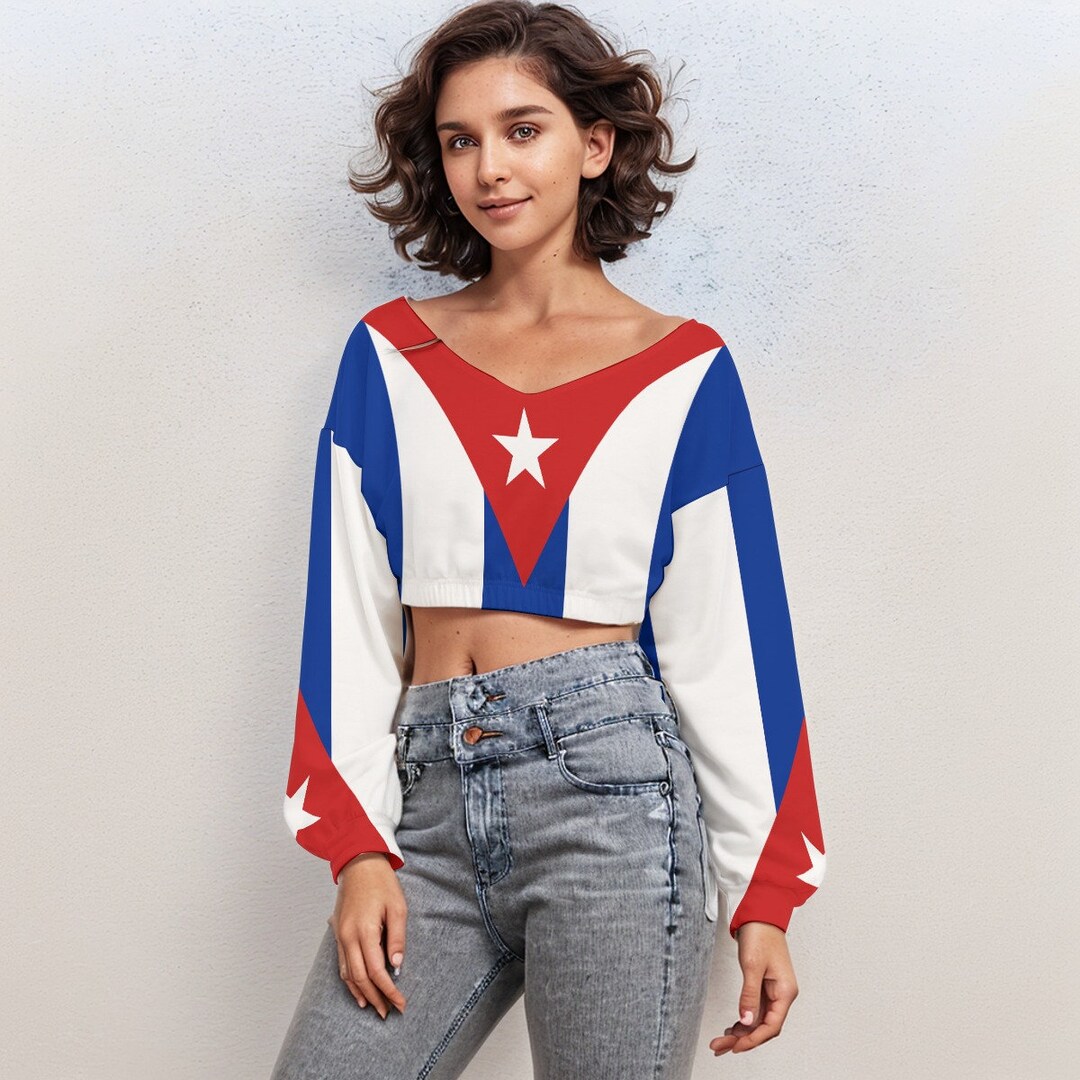 Cuba Crop Top Colors of Cuban Flag Pride Long-sleeved Crop Top V ...