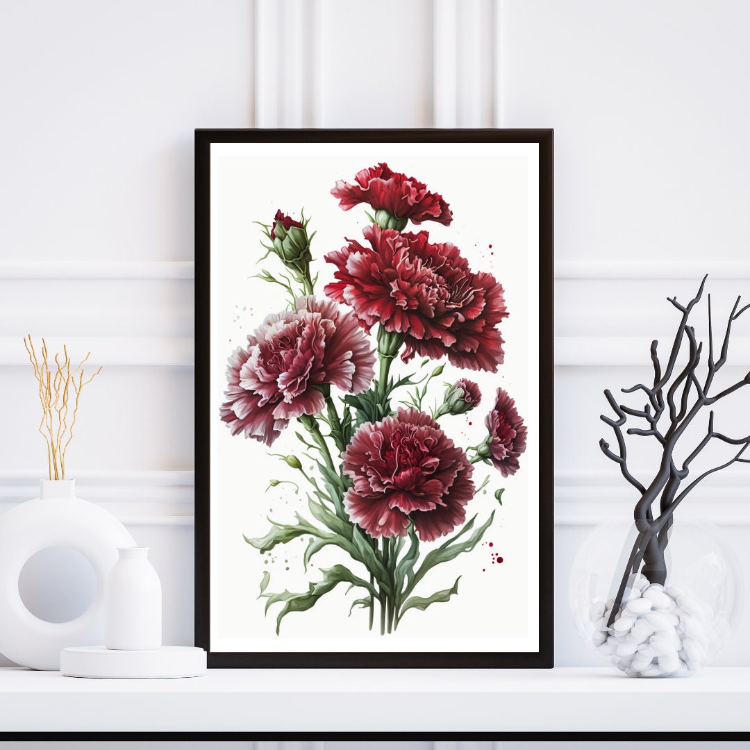 Carnations Watercolor Print, Red and White Print, Flower Watercolor ...