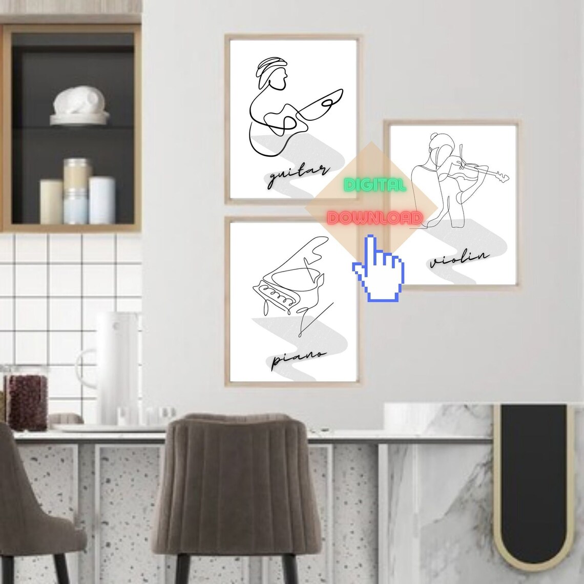 Minimal Musical Art Print, Line Art Set, Violin - Piano - Quitar Design ...