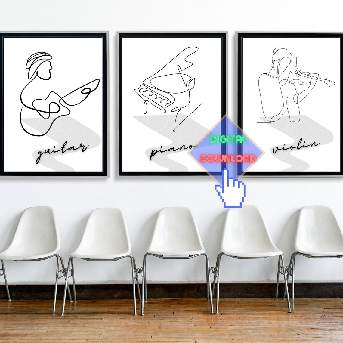 Minimal Musical Art Print, Line Art Set, Violin - Piano - Quitar Design ...