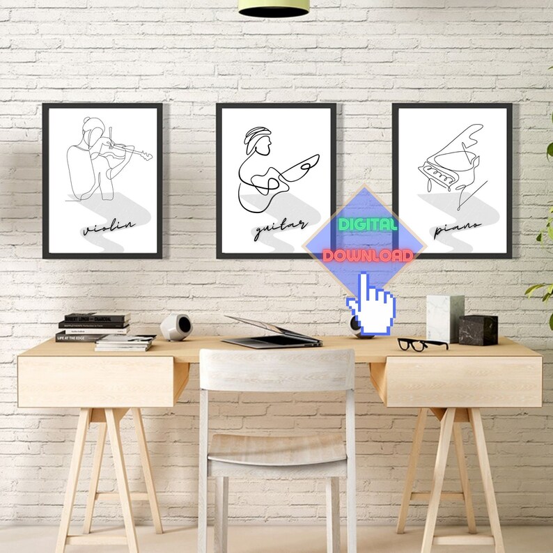 Minimal Musical Art Print, Line Art Set, Violin - Piano - Quitar Design ...