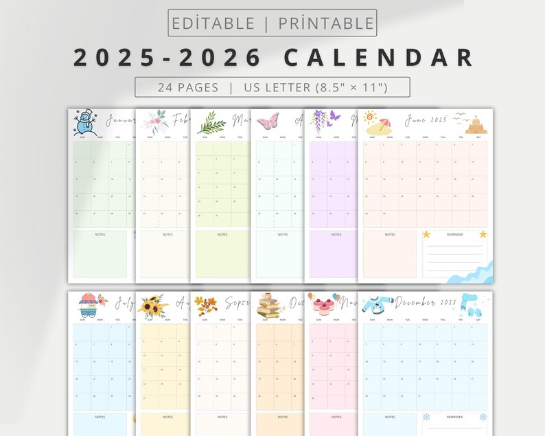 2025-2026 Calendar Printable, Editable Calendar, Kids Monthly Planner ...