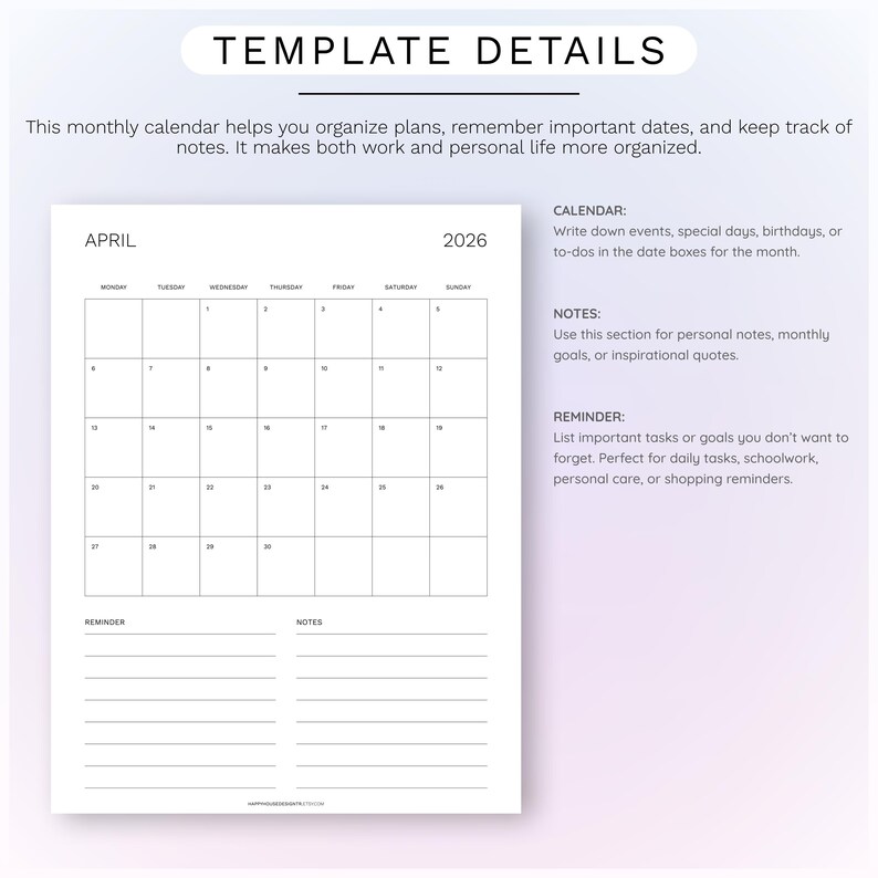 2026 Monthly Calendar Printable: (digital Download A4/us Letter Sizes ...