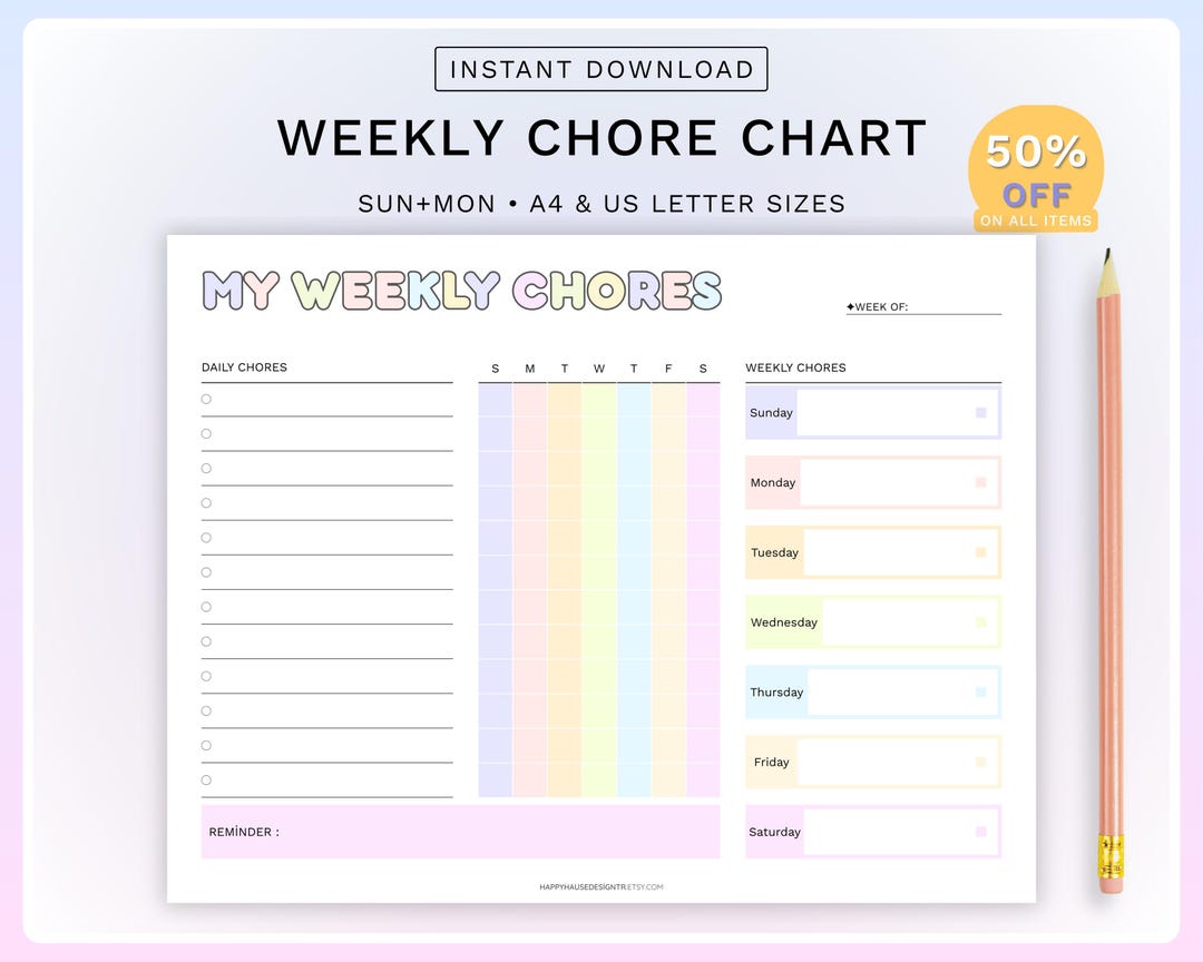 Printable Weekly Chore Chart for Kids | Printable Weekly Chore Planner ...