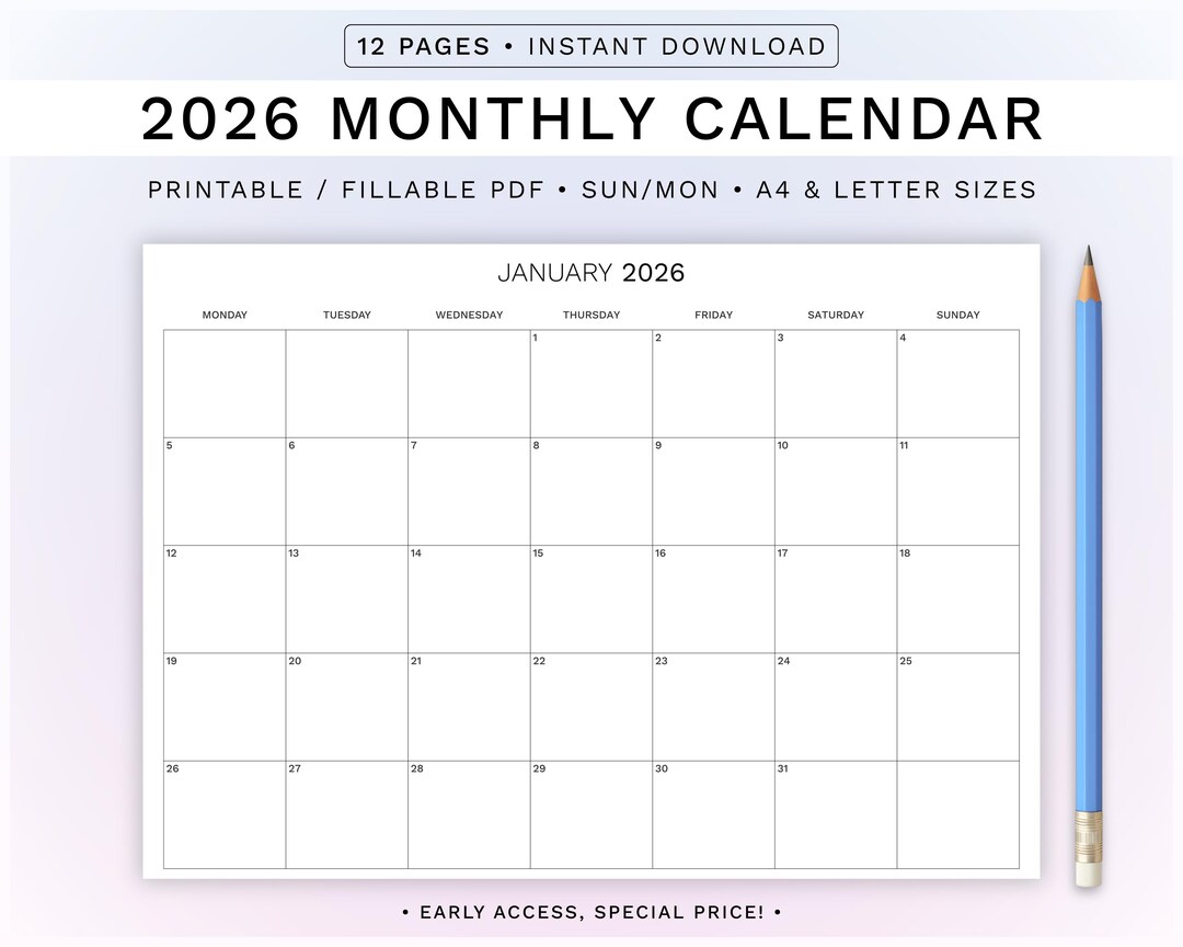 2026 Monthly Calendar: 12-month Planner, Printable, Fillable PDF ...