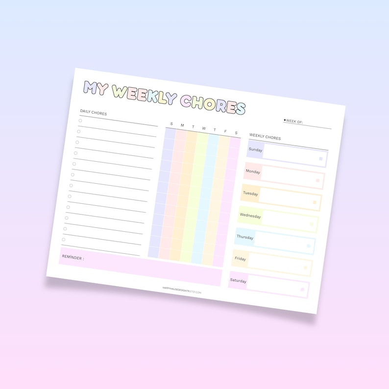 Printable Weekly Chore Chart for Kids | Printable Weekly Chore Planner ...