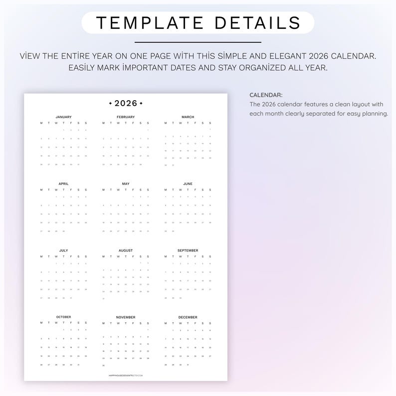 2026 Yearly Calendar: Monthly Planner, Printable, Fillable PDF (digital ...
