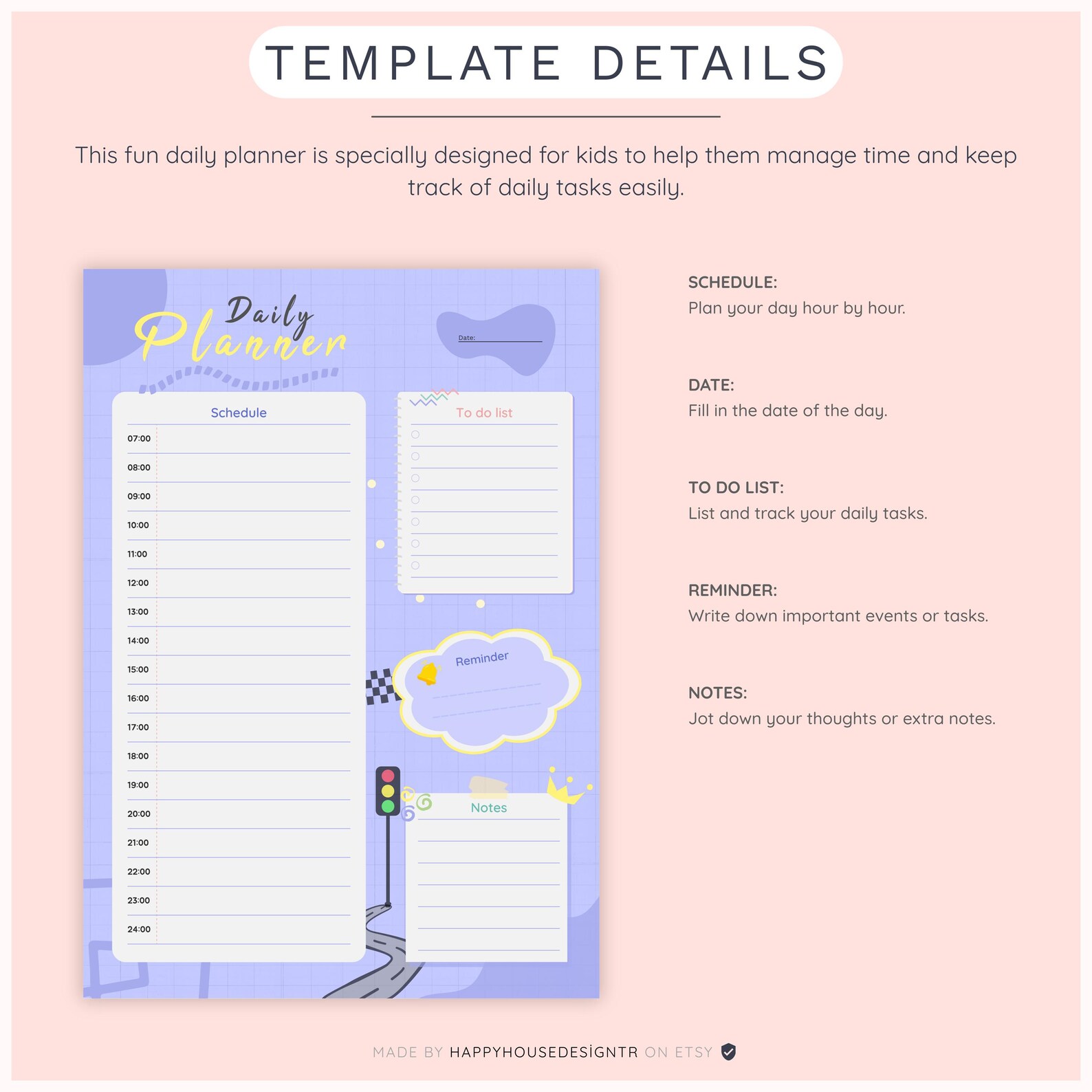 Kids Hourly Daily Planner Printable, Daily Routine & To-do List for ...