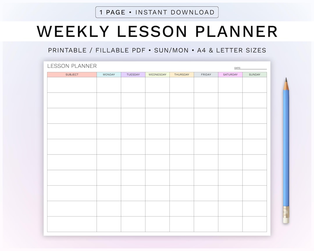 Weekly Lesson Planner Printable : Classroom Schedule, Fillable Template ...
