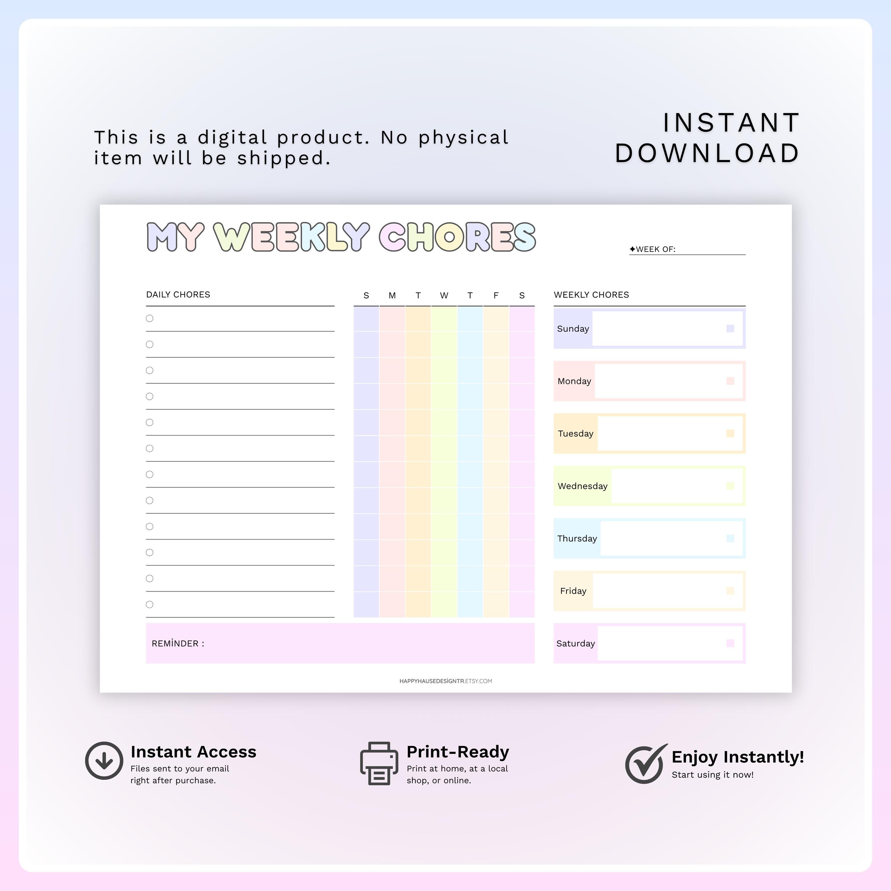 Printable Weekly Chore Chart for Kids | Printable Weekly Chore Planner ...