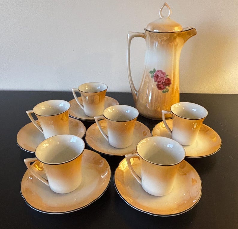 Antique 1930's Lusterware Chocolate Tea Pot With Lid, Cups and Saucers ...