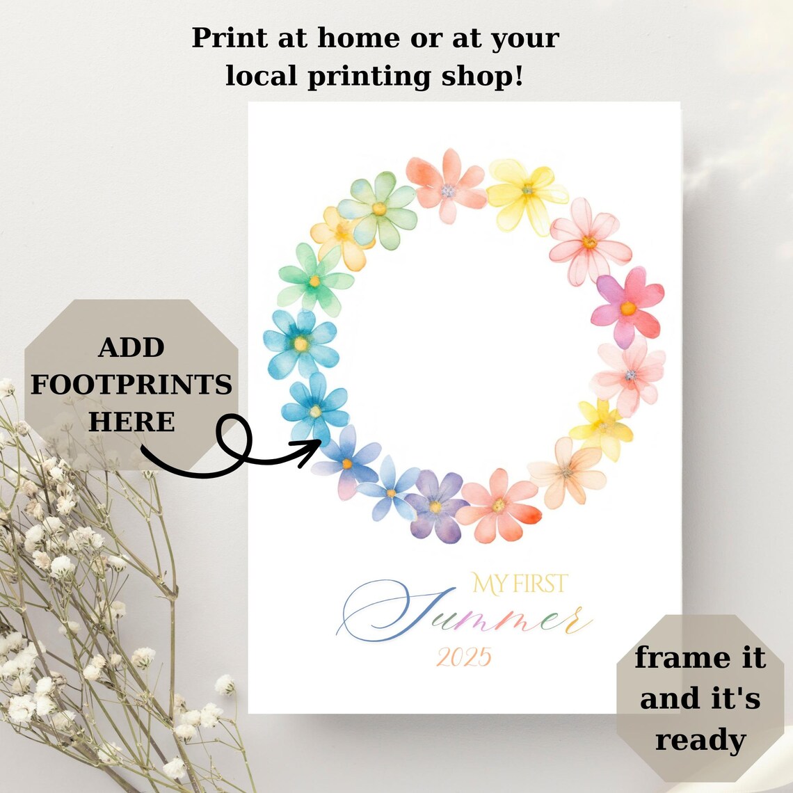 Floral My First Summer Baby Footprint Art: Newborn Keepsake (digital ...