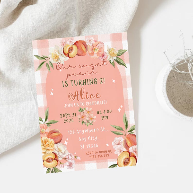 Editable Peach Birthday Invitation Card Template, One Sweet Peachy ...
