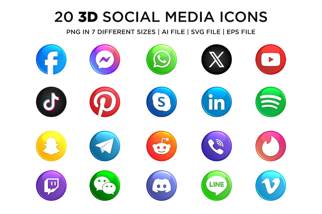 3D Social Media Icons Set | Vector SVG PNG Files (instant Download) - Etsy
