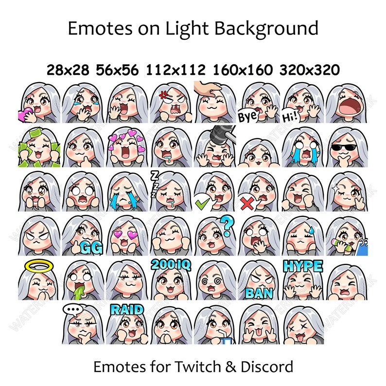 Chibi Girl Emotes X 46 for Twitch & Discord Emote | Silver Hair, Brown ...