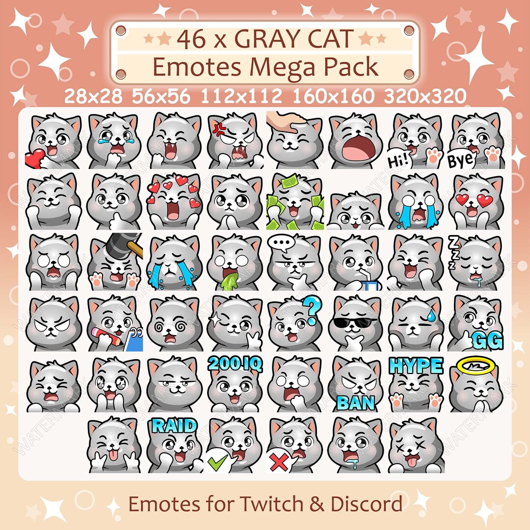 Gray Cat Emotes X 46 for Twitch & Discord Emote / Grey Cat Twitch Emote ...