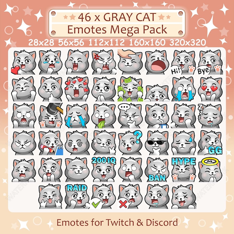 Gray Cat Emotes X 46 for Twitch & Discord Emote / Grey Cat Twitch Emote ...