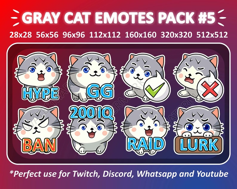 Gray Cat Emotes Pack #5 / for Twitch Emote, Discord Emote, and Whatsapp ...