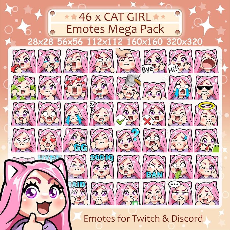 Cute Cat Girl Emotes X 46 | Pink Hair, Purple Eyes, Light Skin, Pale ...