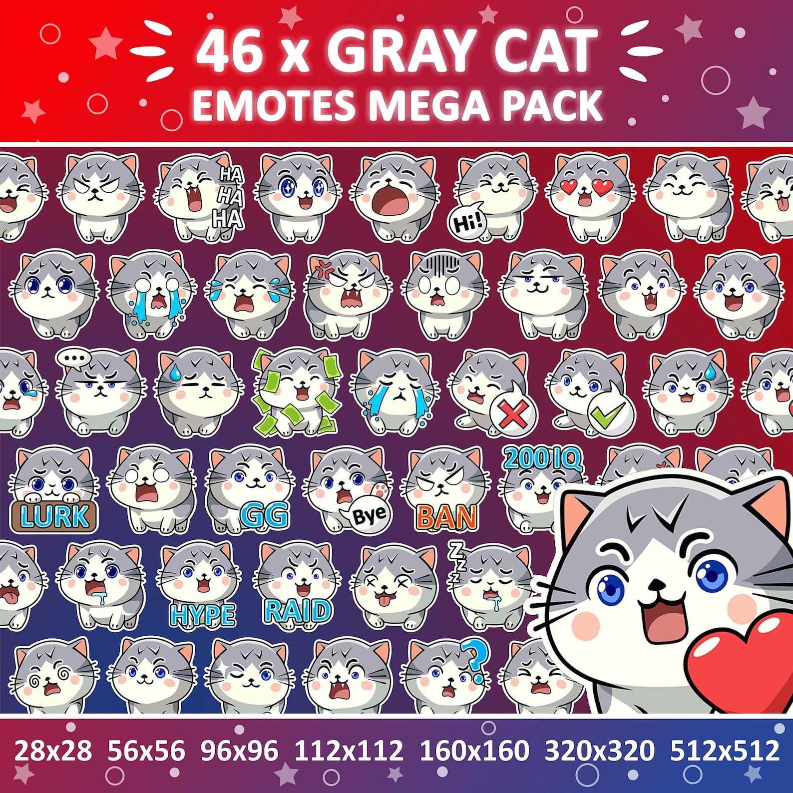 Gray Cat Emotes X 46 for Twitch & Discord Emote and Whatsapp Emote ...