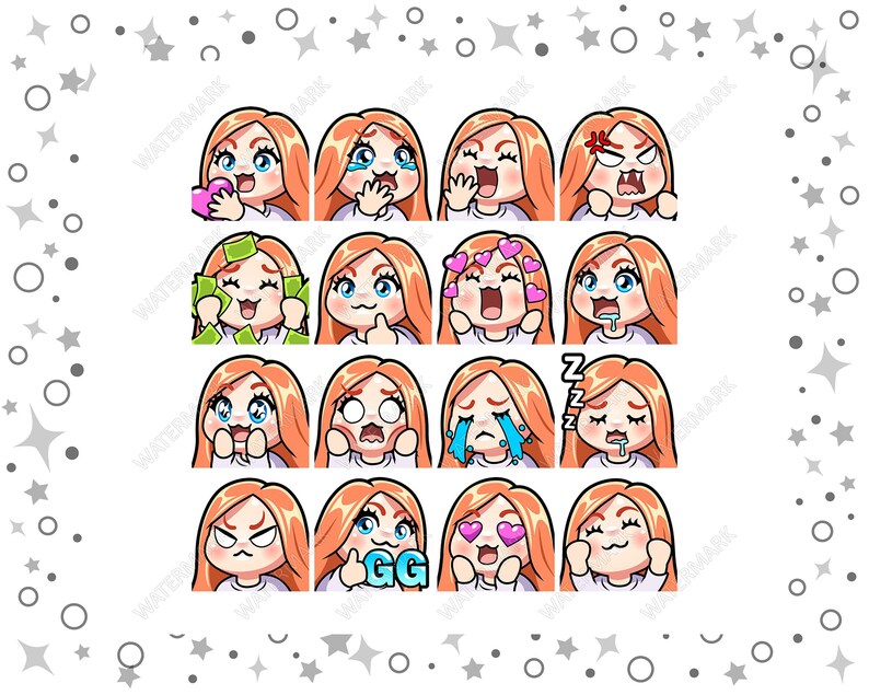 46 Chibi Girl Emotes Pack, Ginger Hair, Orange Hair, Blue Eyes, Light ...