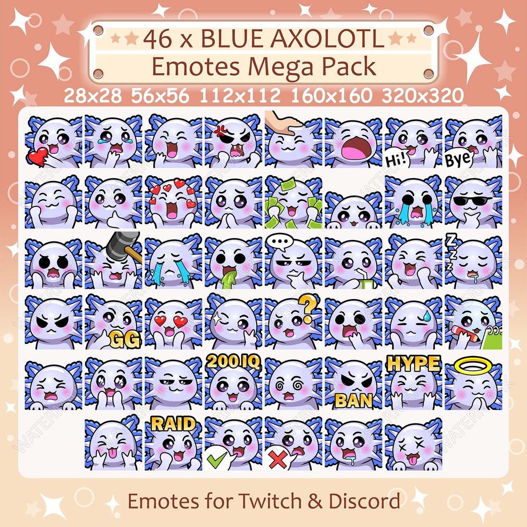 Blue Axolotl Emotes X 46 for Twitch & Discord Emote | Blue Axolotl ...