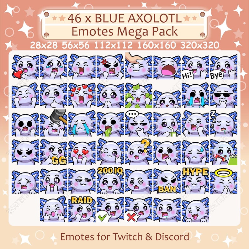 Blue Axolotl Emotes X 46 for Twitch & Discord Emote | Blue Axolotl ...
