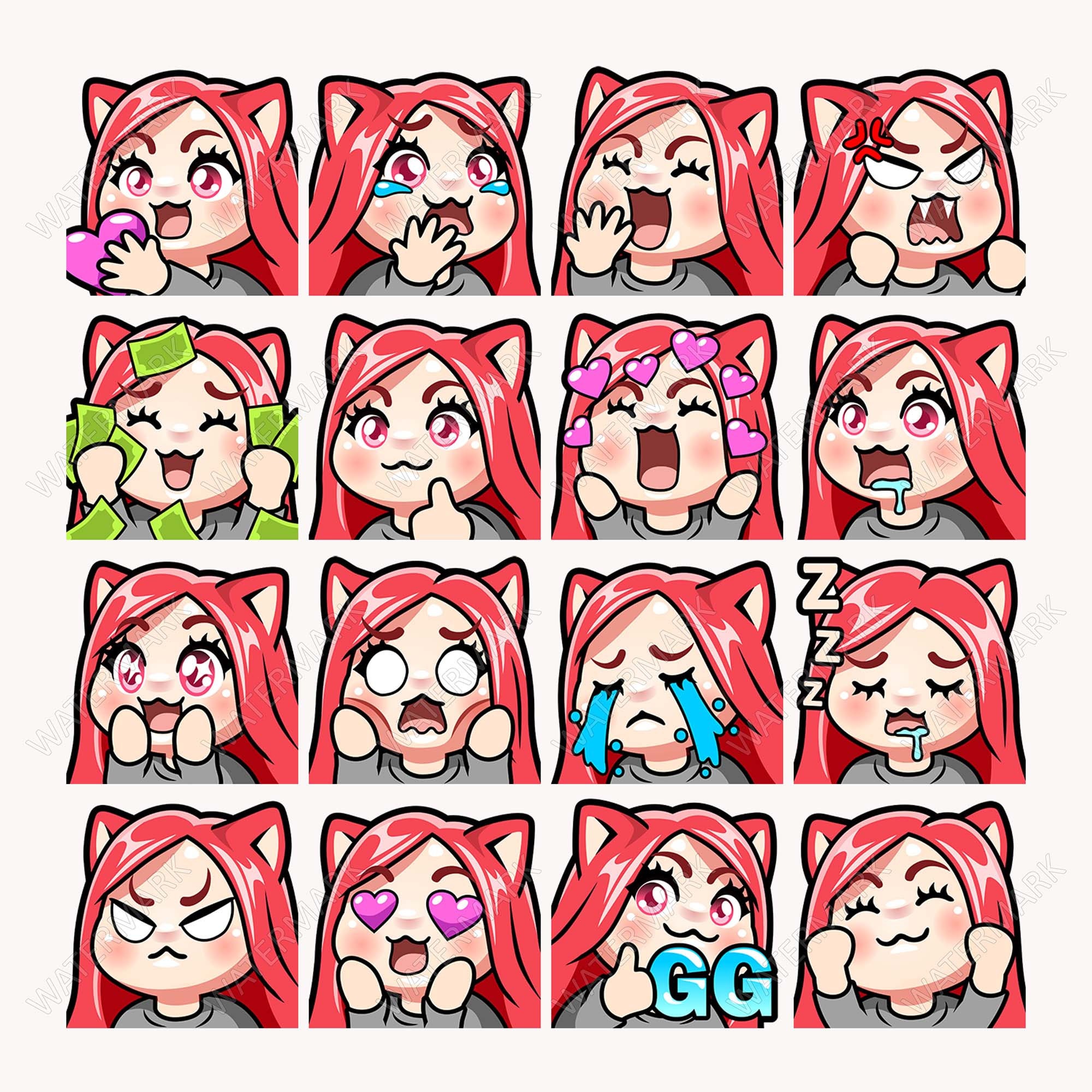 46 Cat Girl Emotes Pack, Red Hair, Red Eyes, Light Skin, Twitch Emotes ...