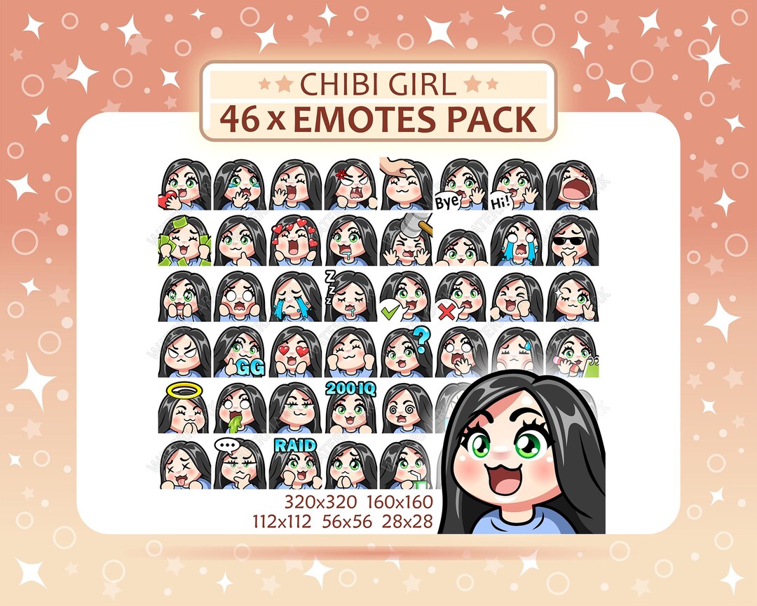 46 Chibi Girl Emotes Pack, Black Hair, Green Eyes, Light Skin, Twitch ...