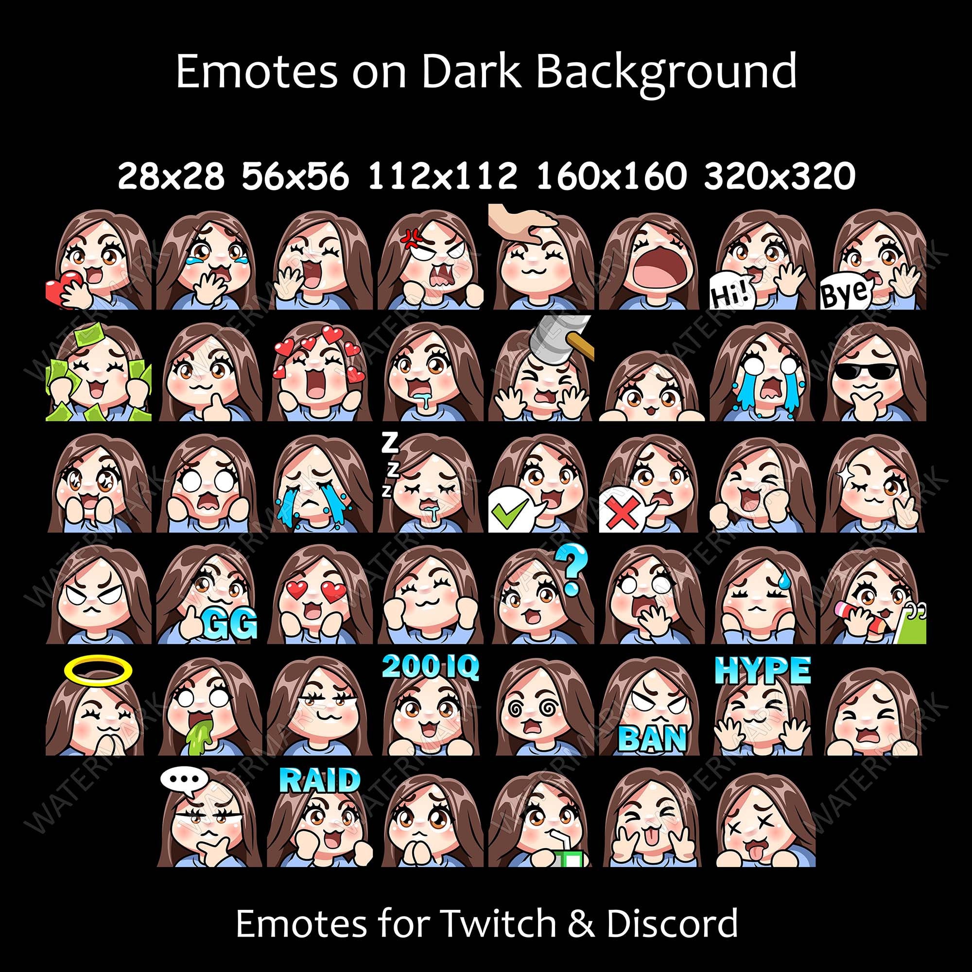 Chibi Girl Emotes X 46 for Twitch & Discord Emote | Brown Hair, Brown ...