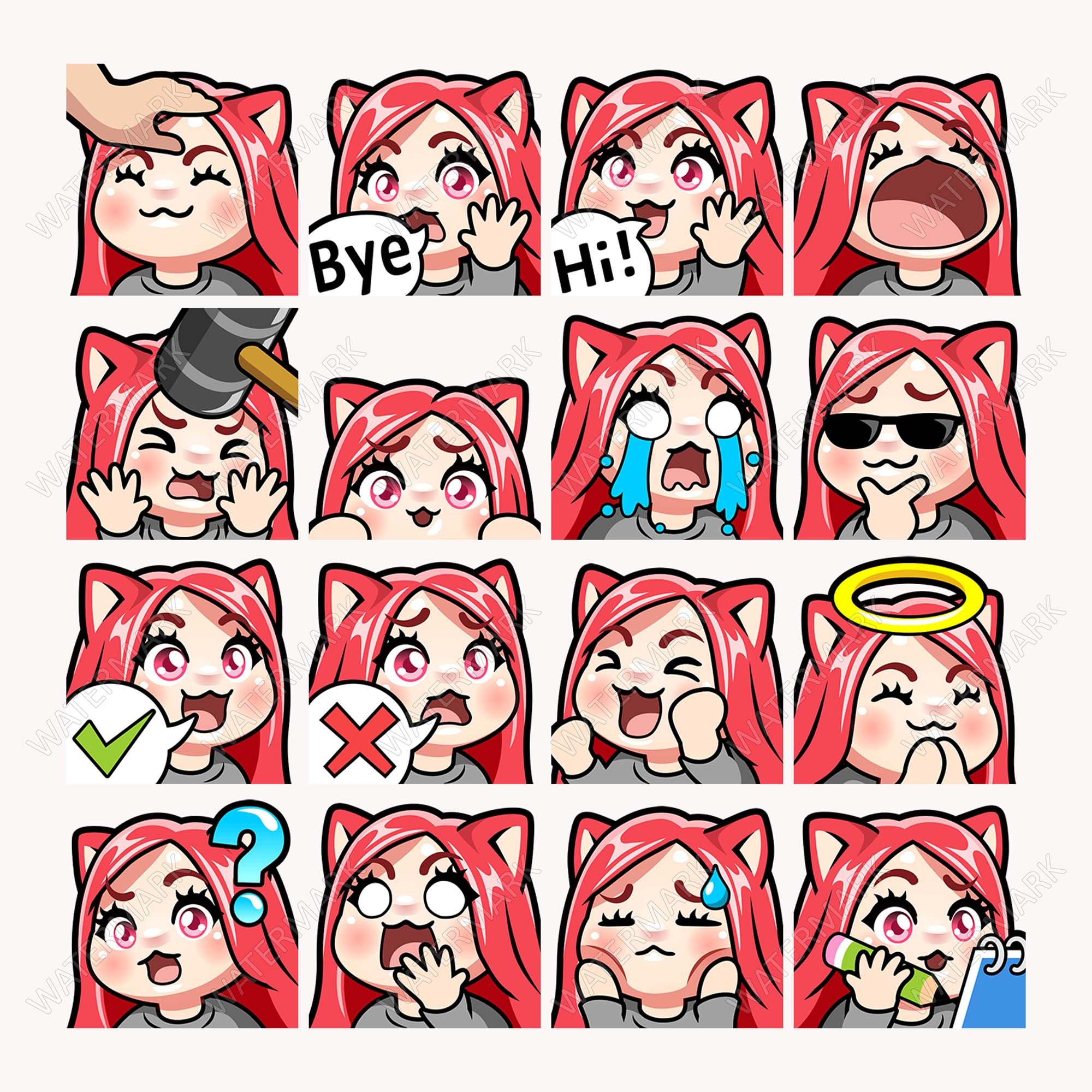 46 Cat Girl Emotes Pack, Red Hair, Red Eyes, Light Skin, Twitch Emotes ...