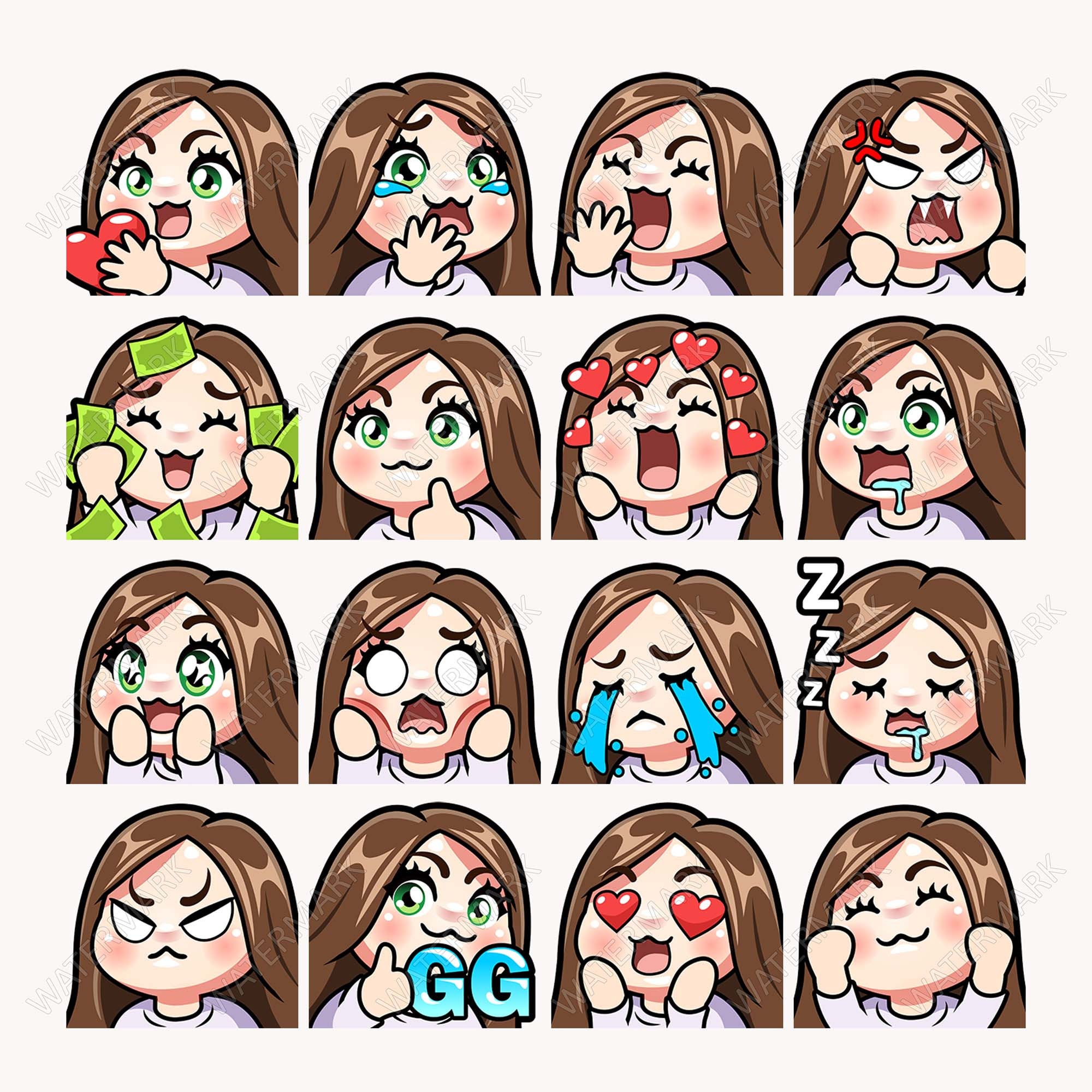 Chibi Girl Emotes X 46 for Twitch & Discord Emote Brown Hair, Green ...