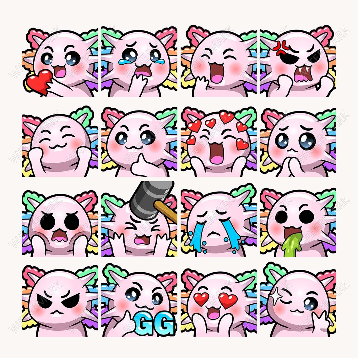 Rainbow Axolotl Emotes X 46 for Twitch & Discord Emote | Axolotl Twitch ...