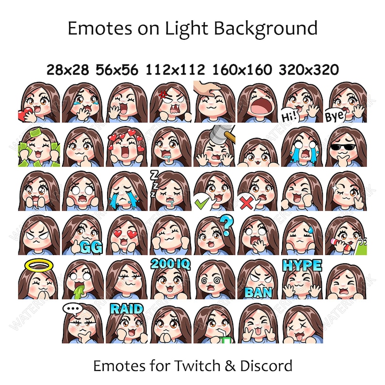 Chibi Girl Emotes X 46 for Twitch & Discord Emote | Brown Hair, Brown ...