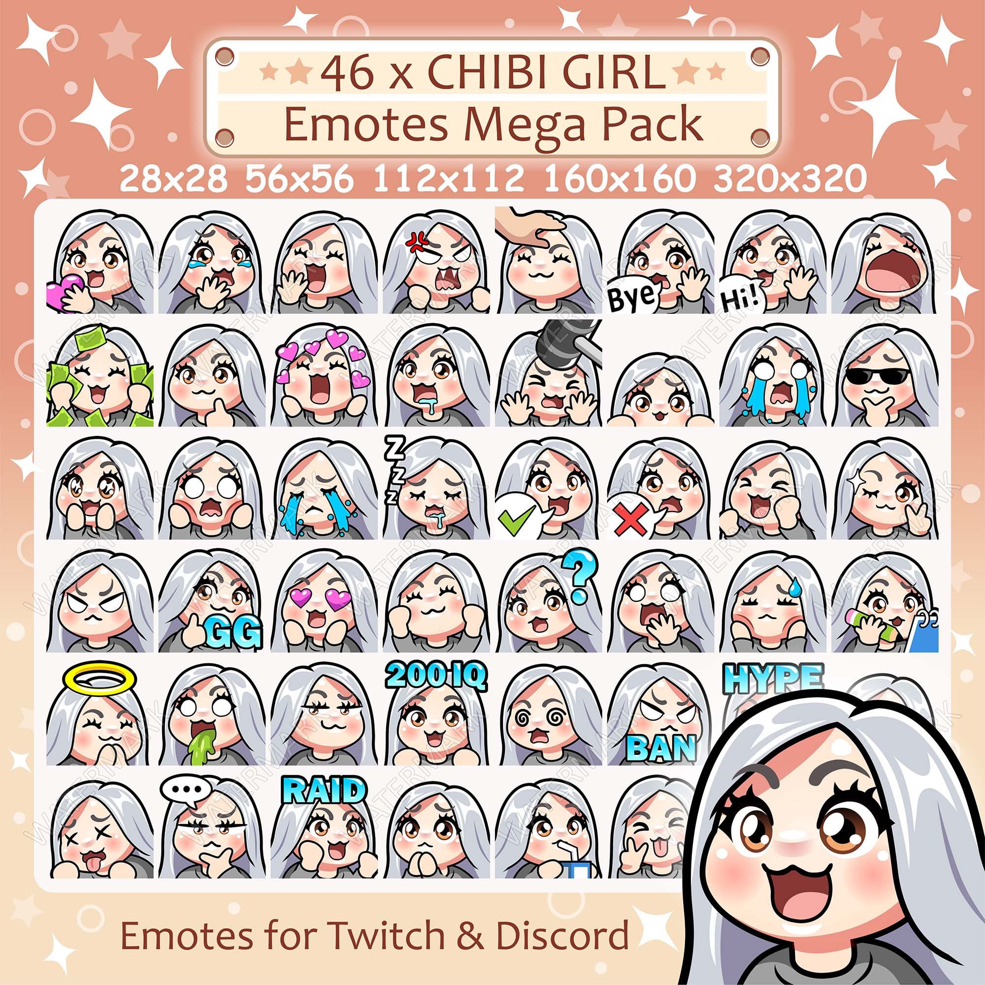 Chibi Girl Emotes X 46 for Twitch & Discord Emote | Silver Hair, Brown ...