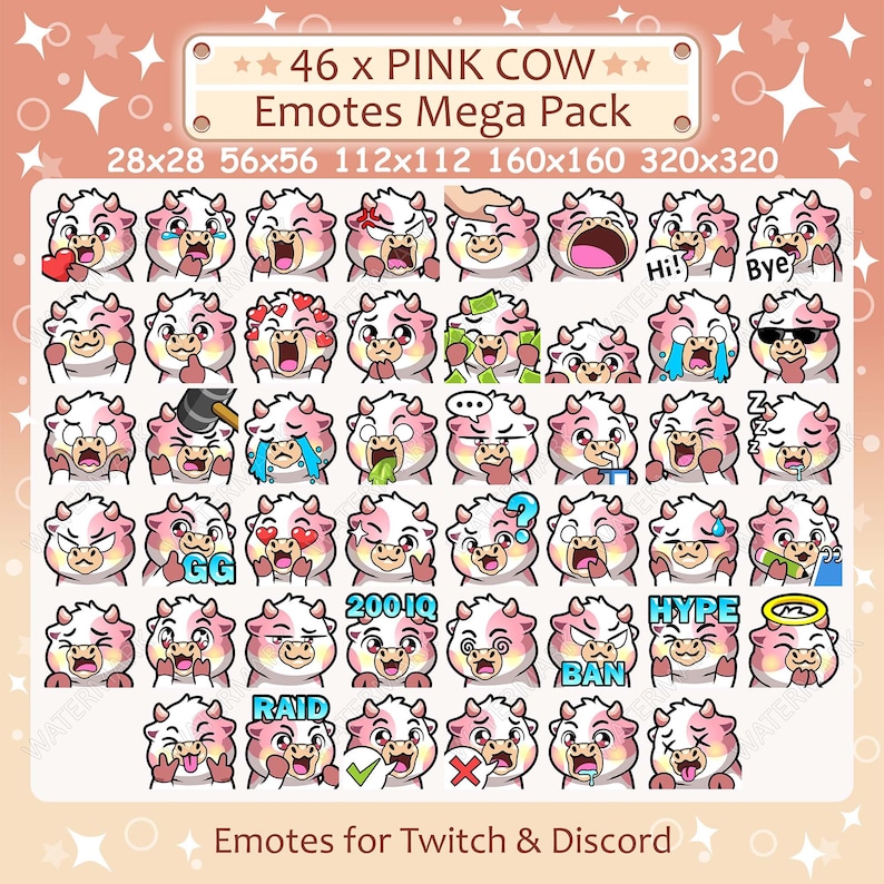 Pink Cow Emotes X 46 for Twitch & Discord Emote | Pink Cow Twitch Emote ...