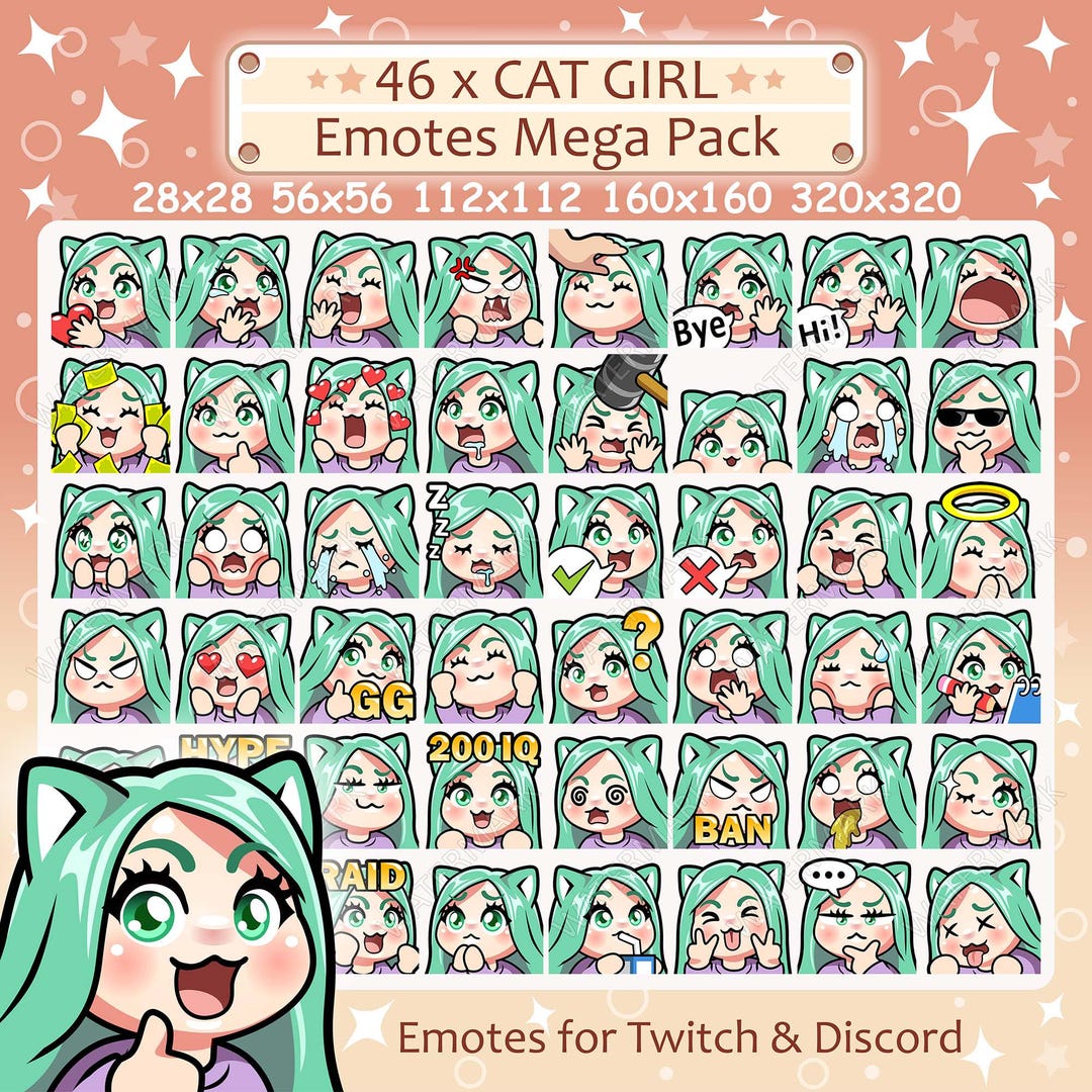 Cat Girl Emotes X 46 | Green Hair, Green Eyes, Light Skin | for Twitch ...