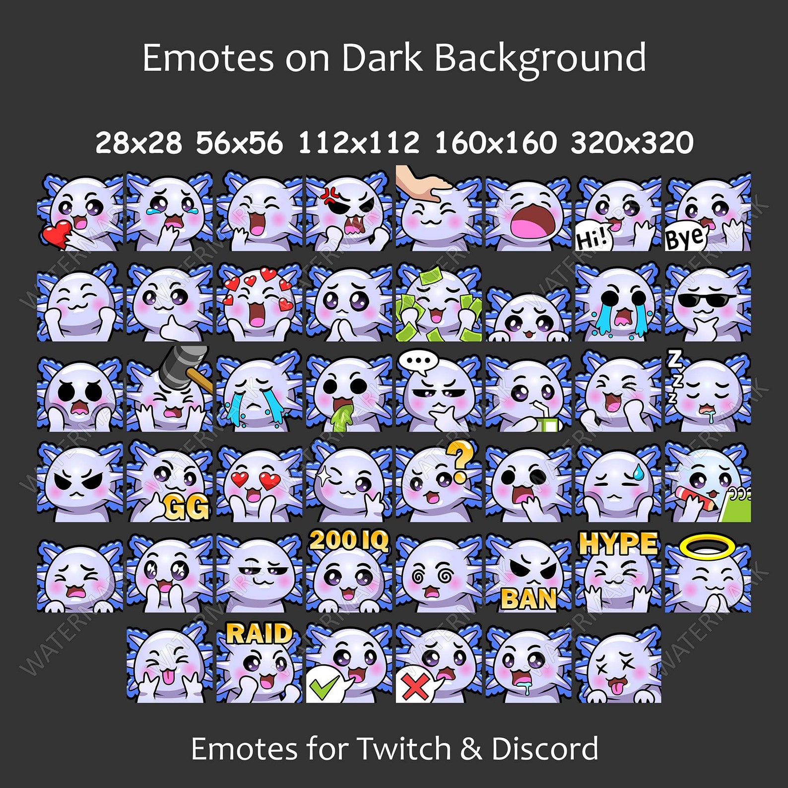 Blue Axolotl Emotes X 46 for Twitch & Discord Emote | Blue Axolotl ...