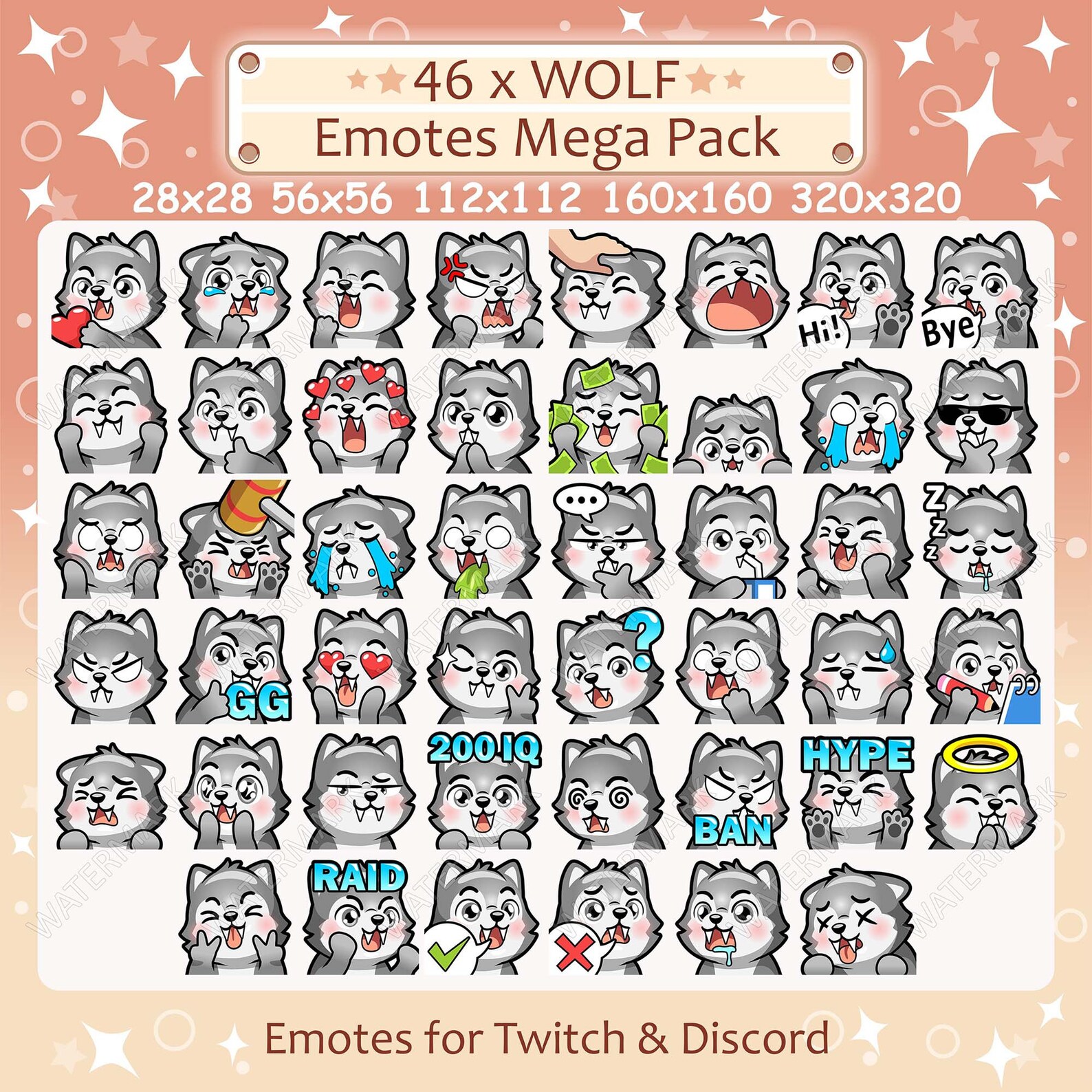 Wolf Emotes X 46 for Twitch & Discord Emote Gray Wolf Twitch Emote Pack ...