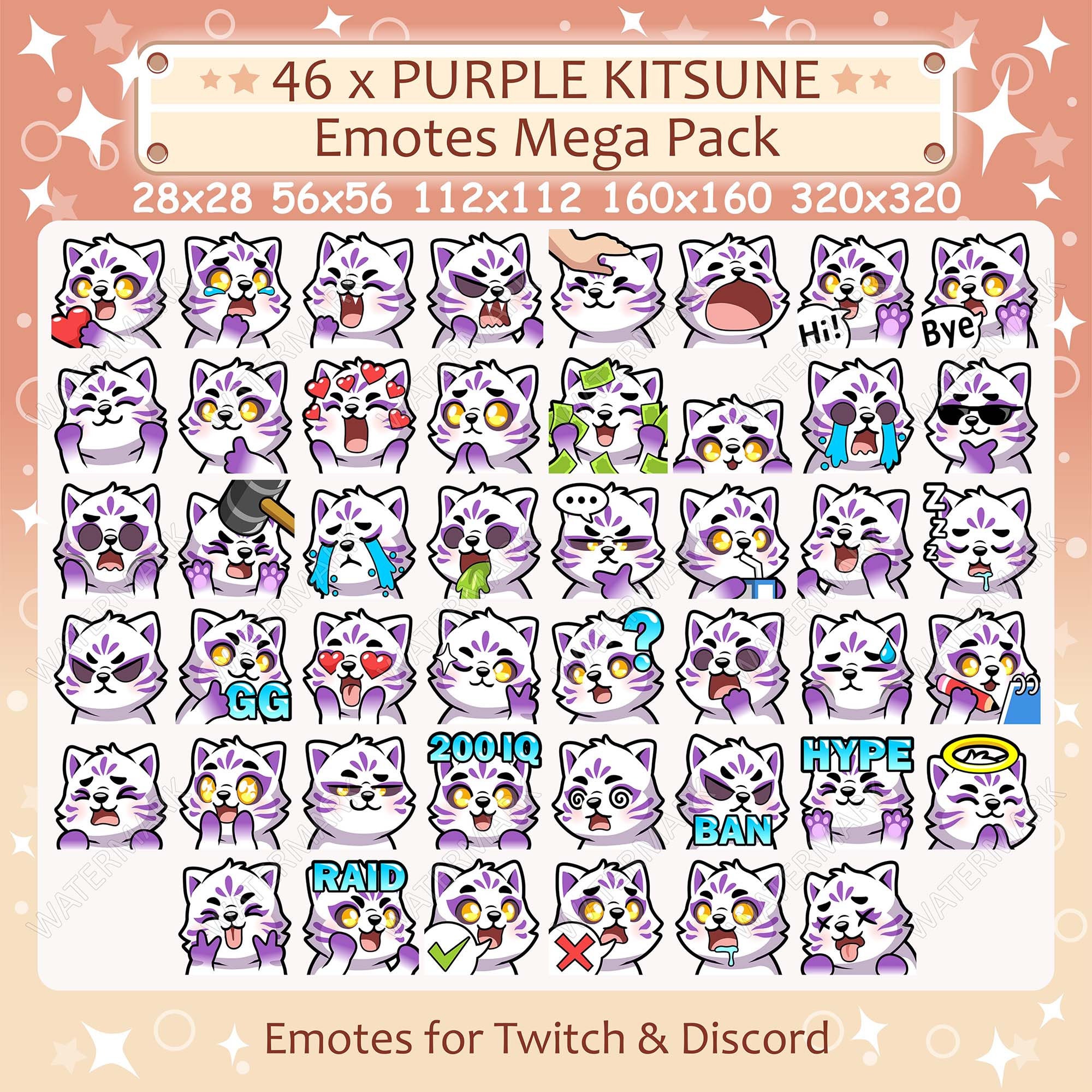 Purple Kitsune Fox Emotes X 46 for Twitch & Discord Emote | Kitsune Fox ...
