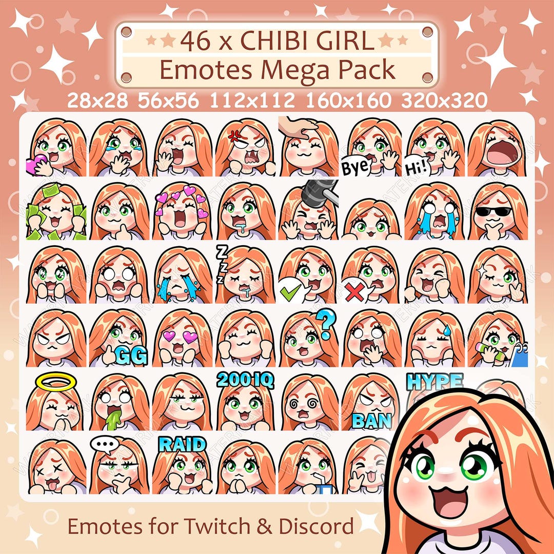 Chibi Girl Emotes X 46 for Twitch & Discord Emote | Ginger Hair, Green ...