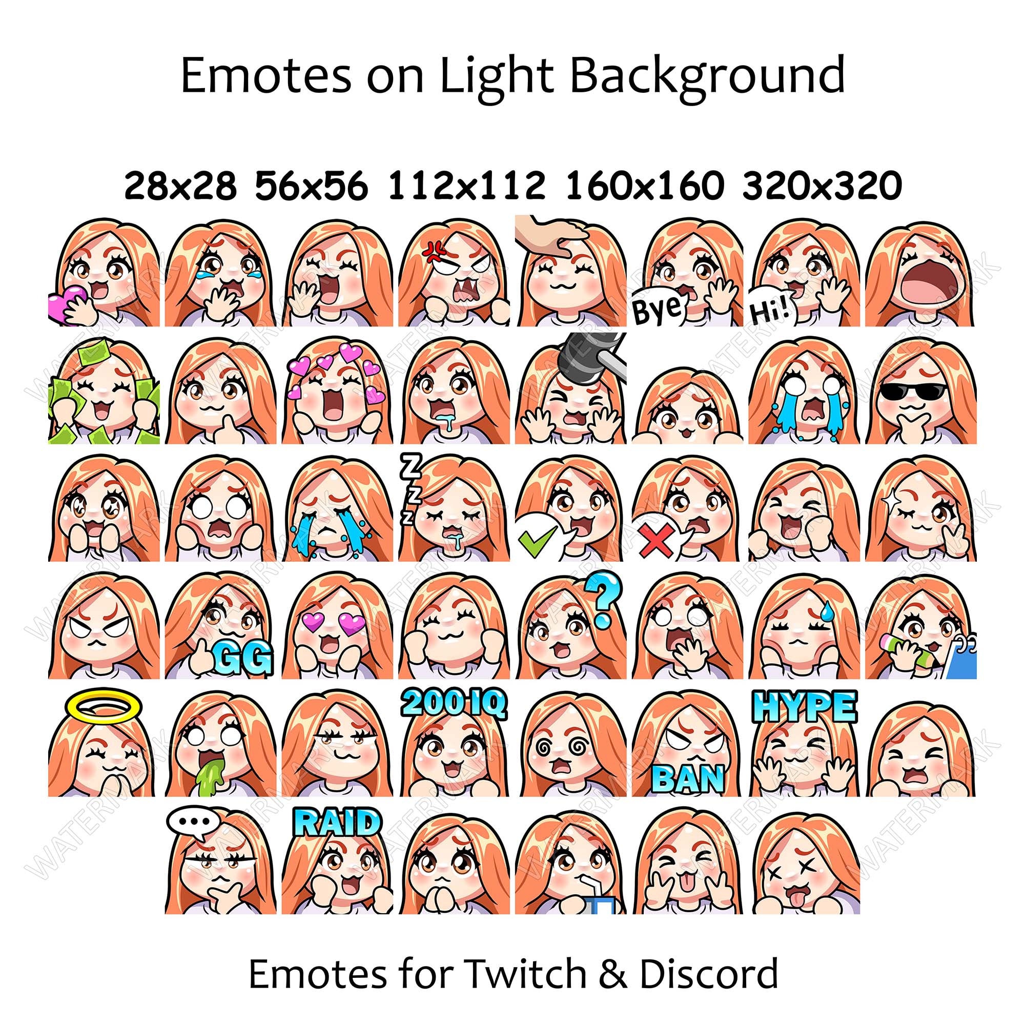 Chibi Girl Emotes X 46 for Twitch & Discord Emote | Ginger Hair, Brown ...