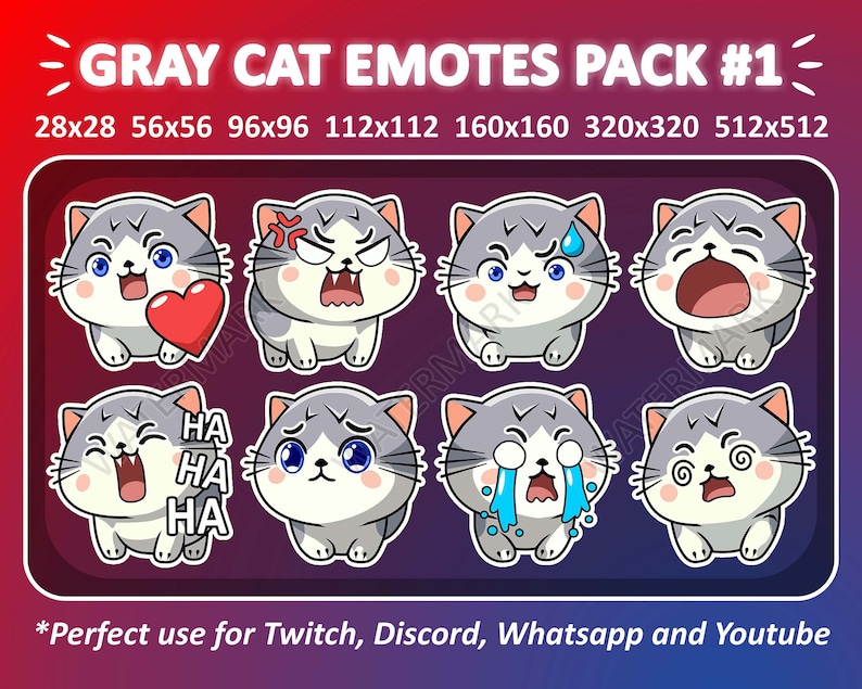 Gray Cat Emotes Pack #1 / for Twitch Emote, Discord Emote, and Whatsapp ...