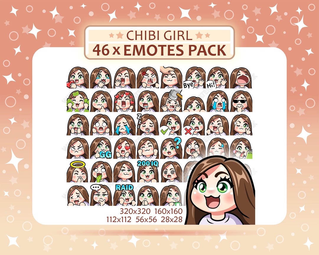 46 Chibi Girl Emotes Pack, Brown Hair, Green Eyes, Light Skin, Brunette ...