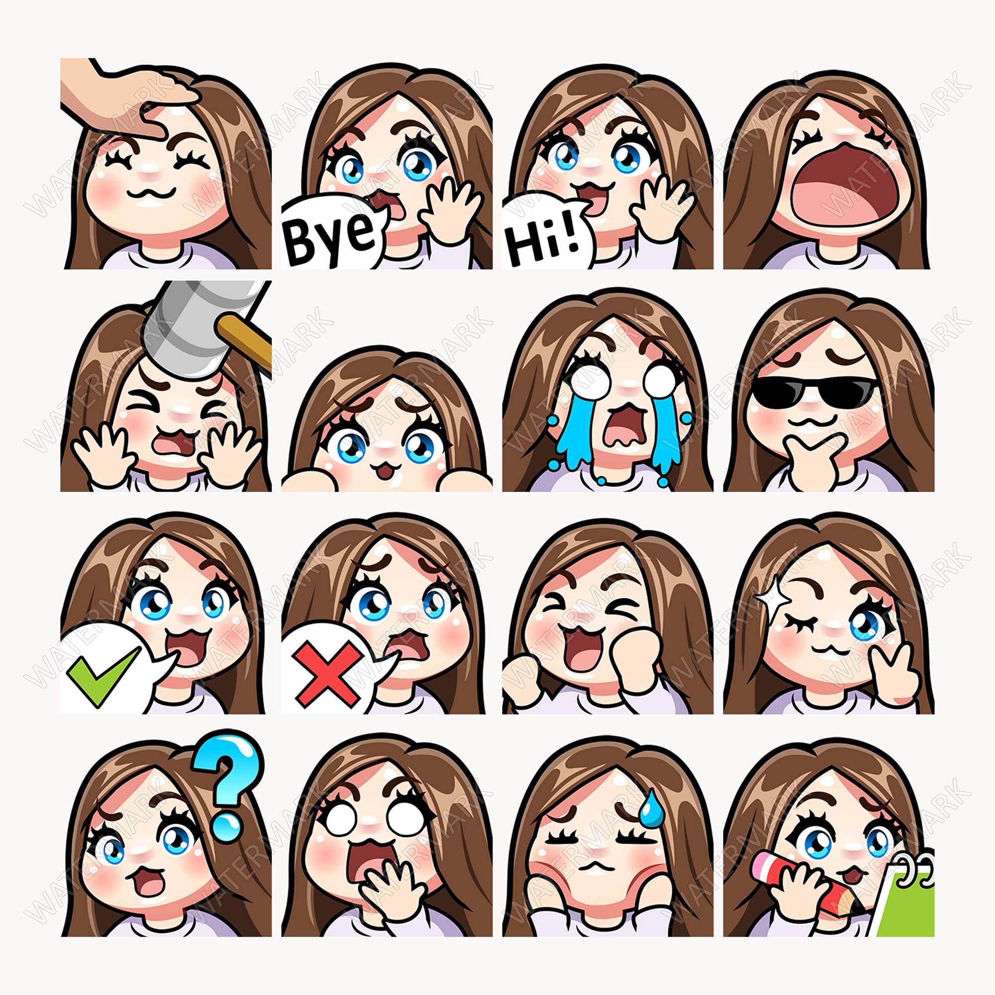 Chibi Girl Emotes X 46 for Twitch & Discord Emote Brown Hair, Blue Eyes ...