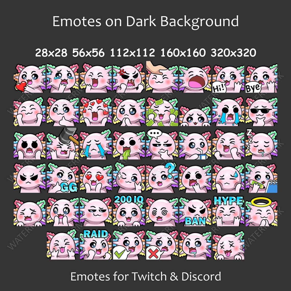 Rainbow Axolotl Emotes X 46 for Twitch & Discord Emote | Axolotl Twitch ...
